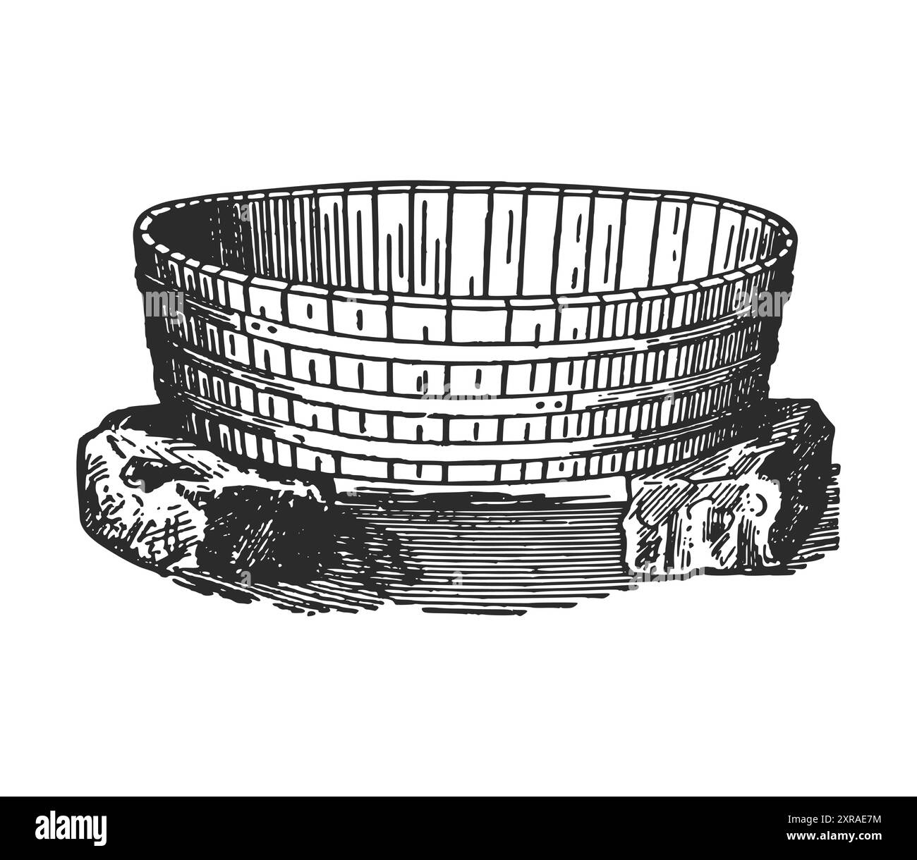 Old wooden washtub. Hand drawn ink illustration. Black and white ink ...