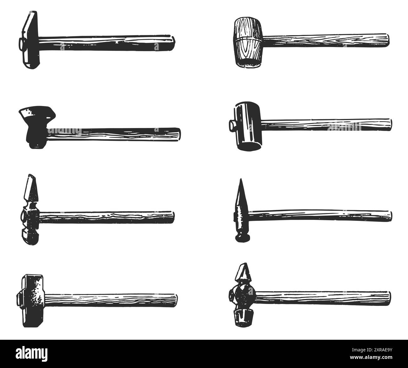 Retro set of wooden hammers. Carpentry professional tools. Hand drawn ...