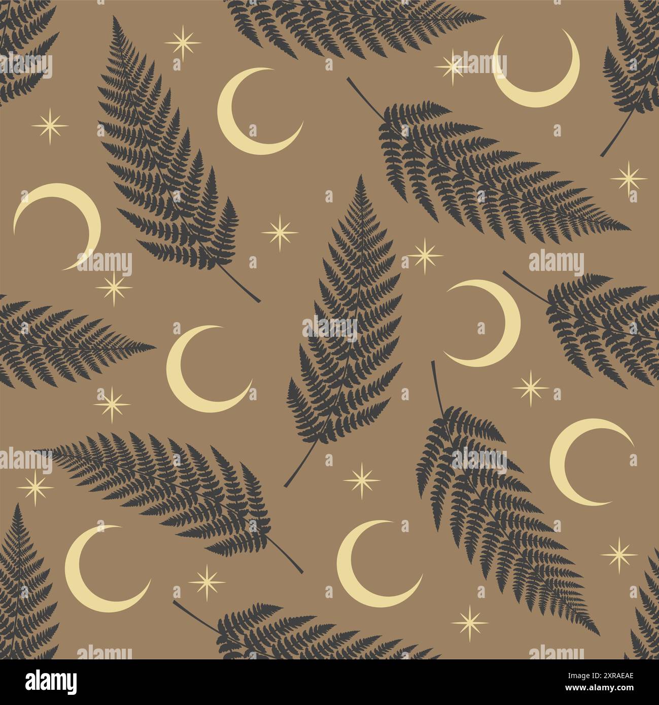 Seamless pattern with fern leaves, moon and stars. Boho mystical ...