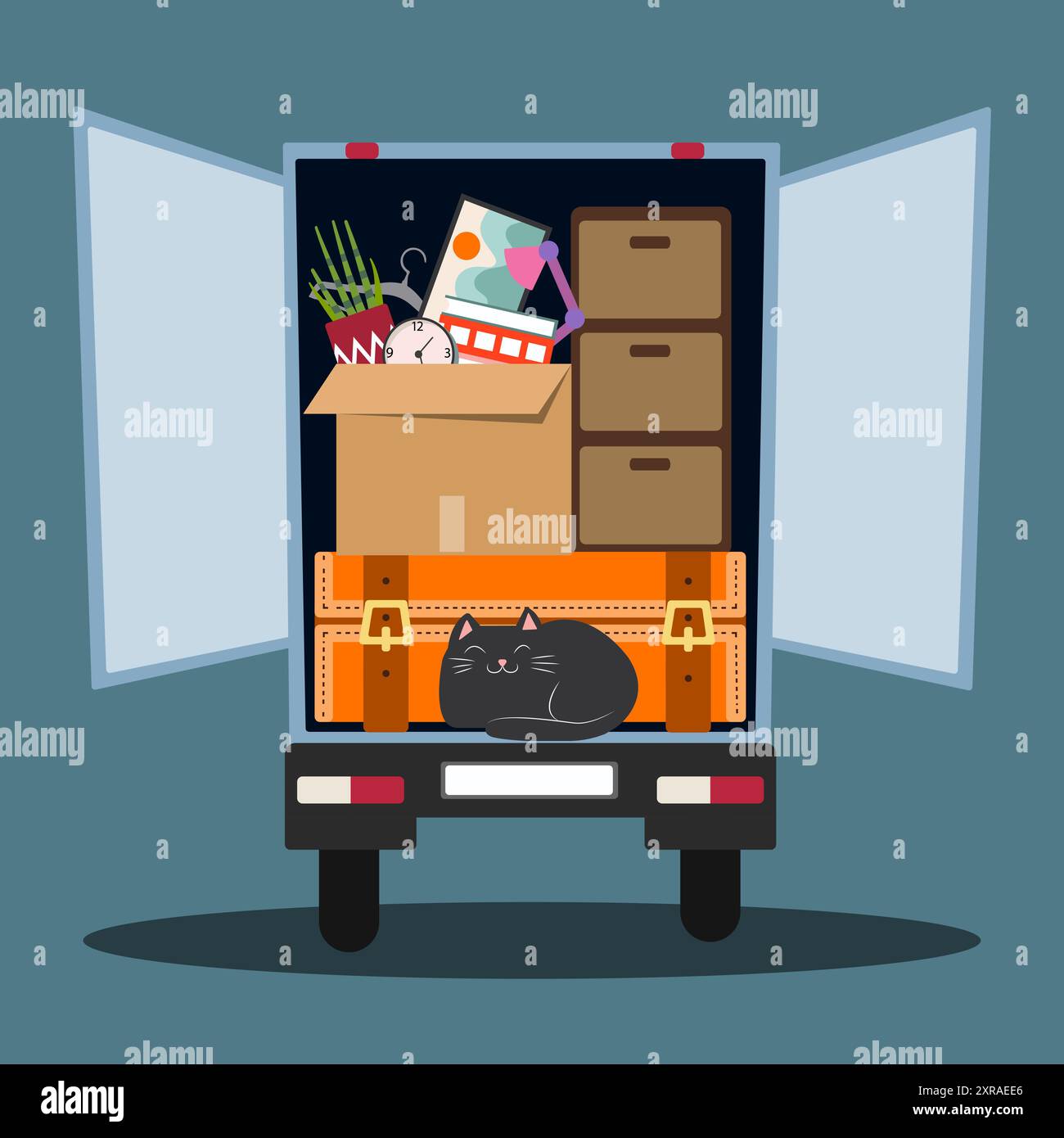 Moving service advertisement. Items are packed in a box and stacked in ...