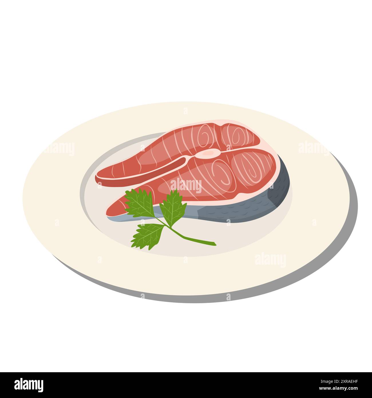 Salmon steak with parsley on a white plate. Vector cartoon illustration ...