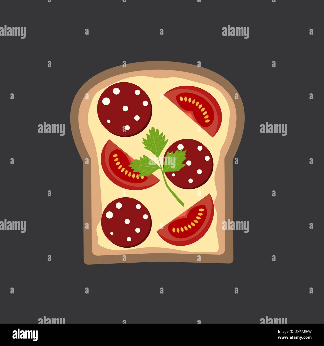 Breakfast toast with sausage and tomato. Flat cartoon vector ...