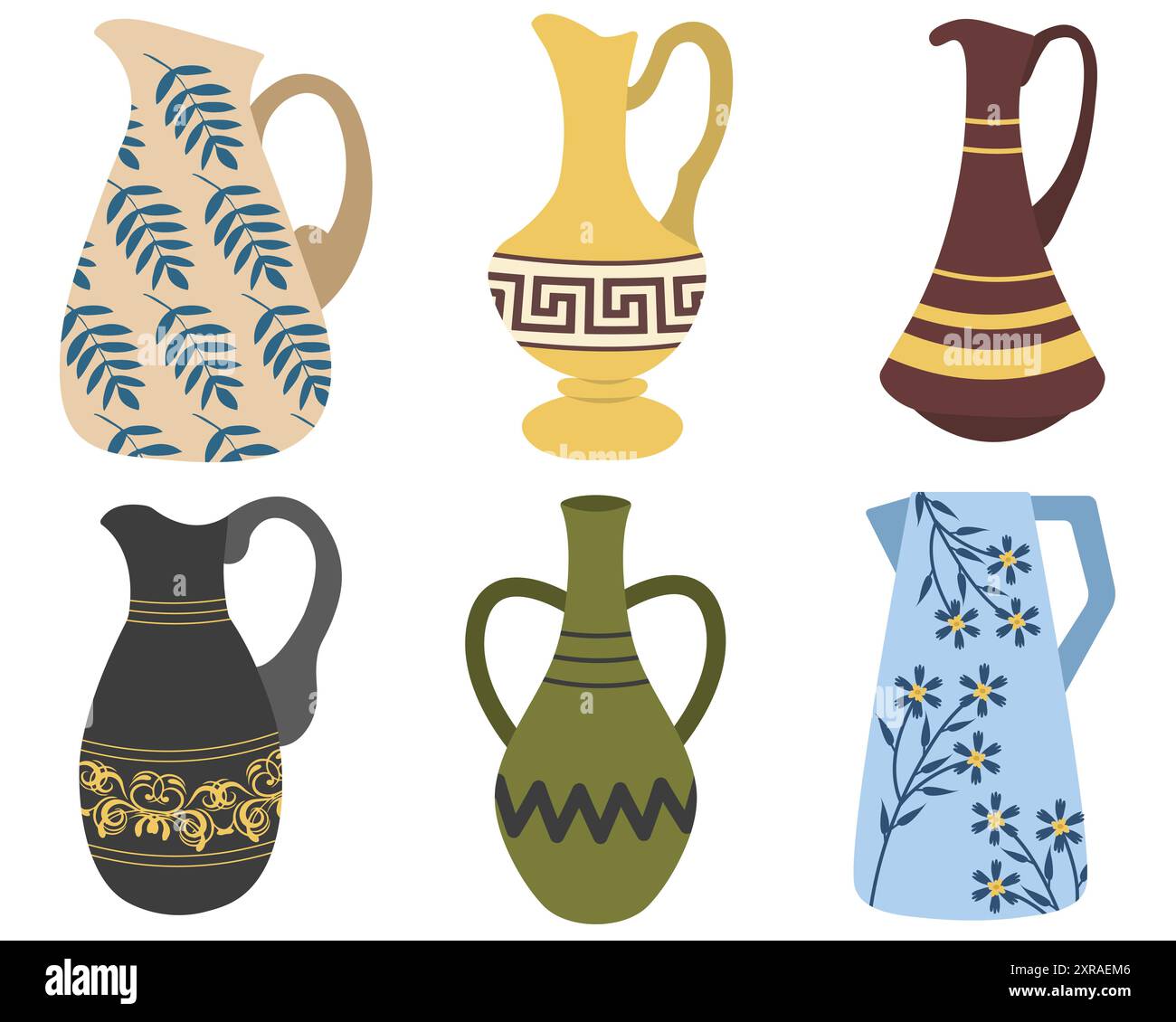 Set of clay jugs of different shapes and colors. Cartoon vector ...