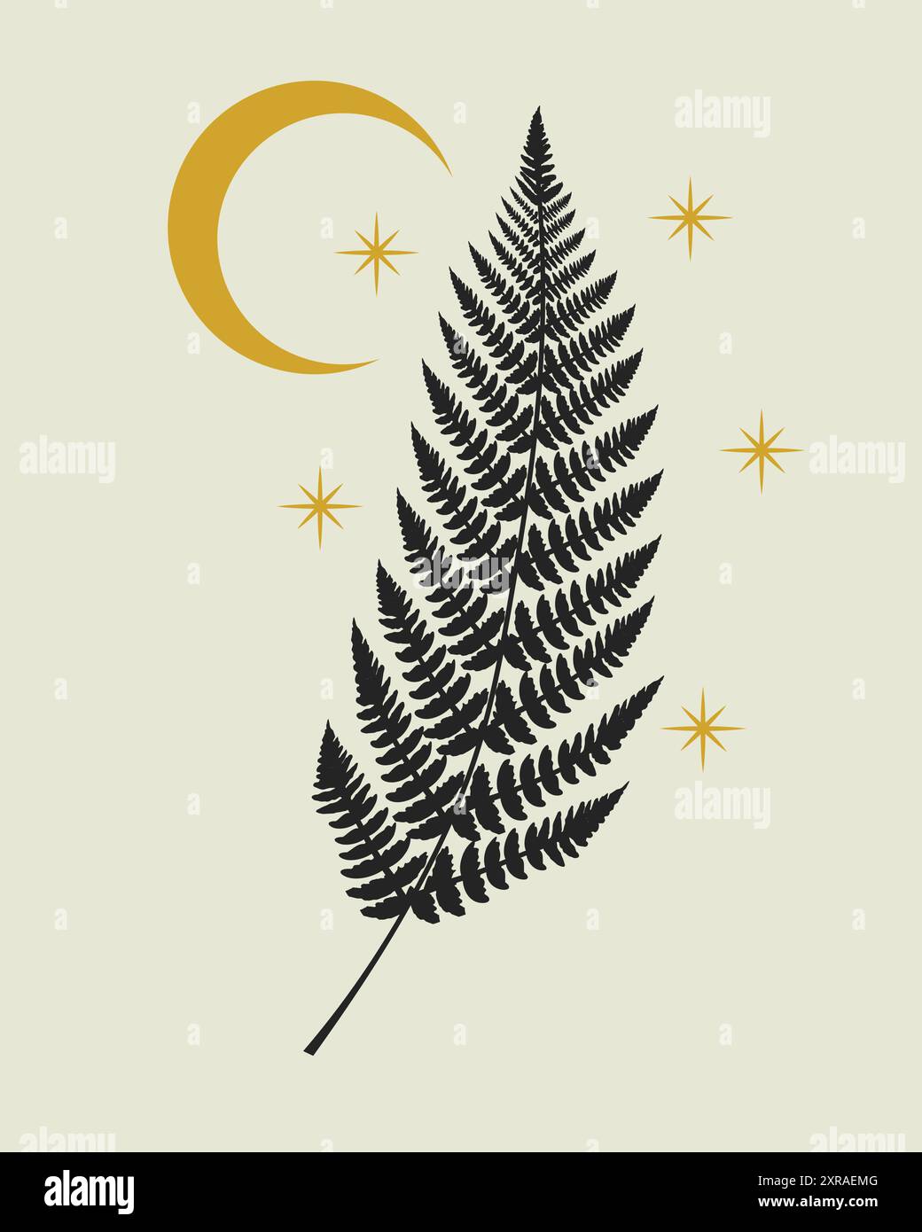 Vector hand drawn illustration of tropical fern leaf with moon and ...