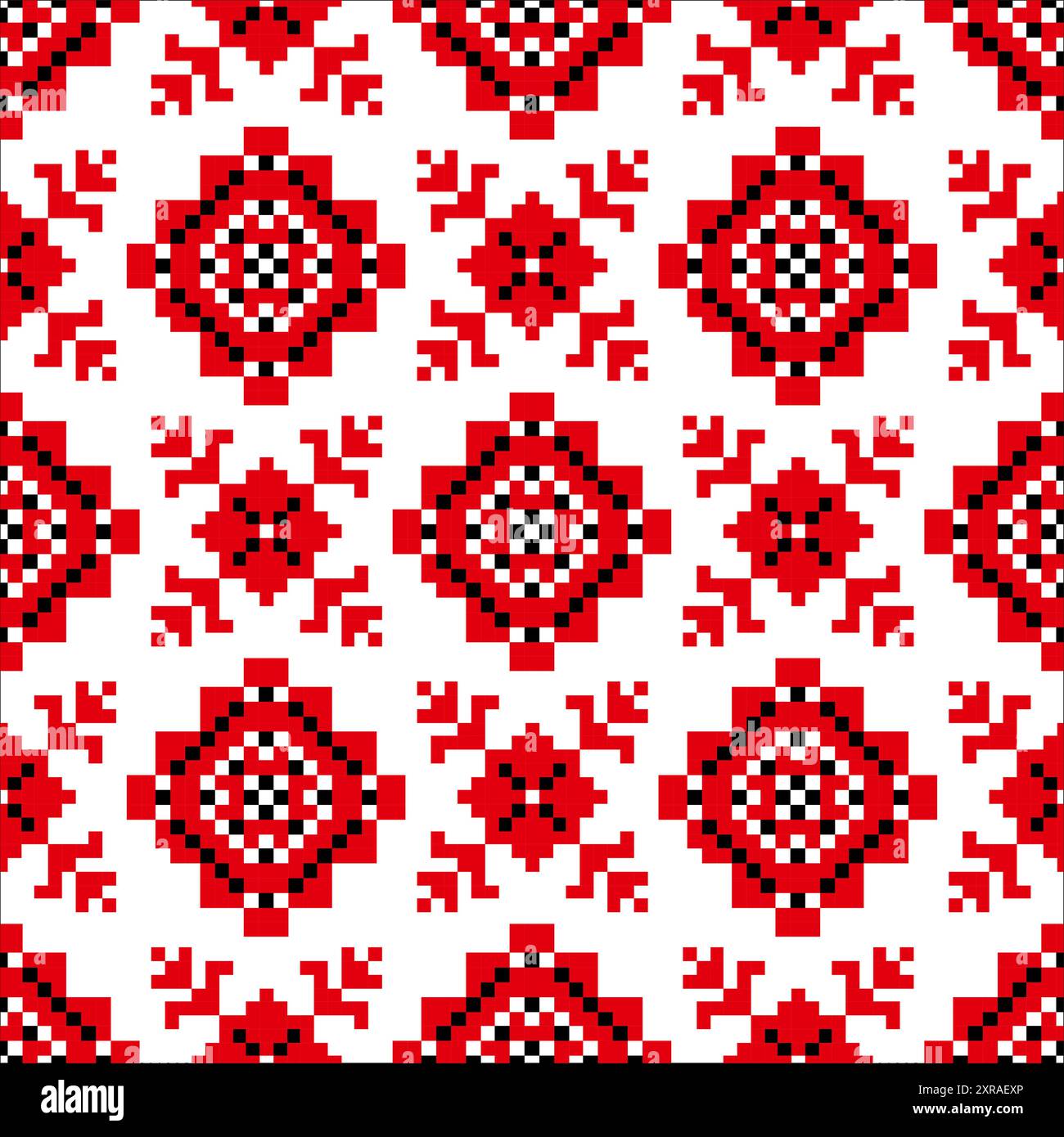 Seamless embroidery pattern with geometric elements made in red and ...