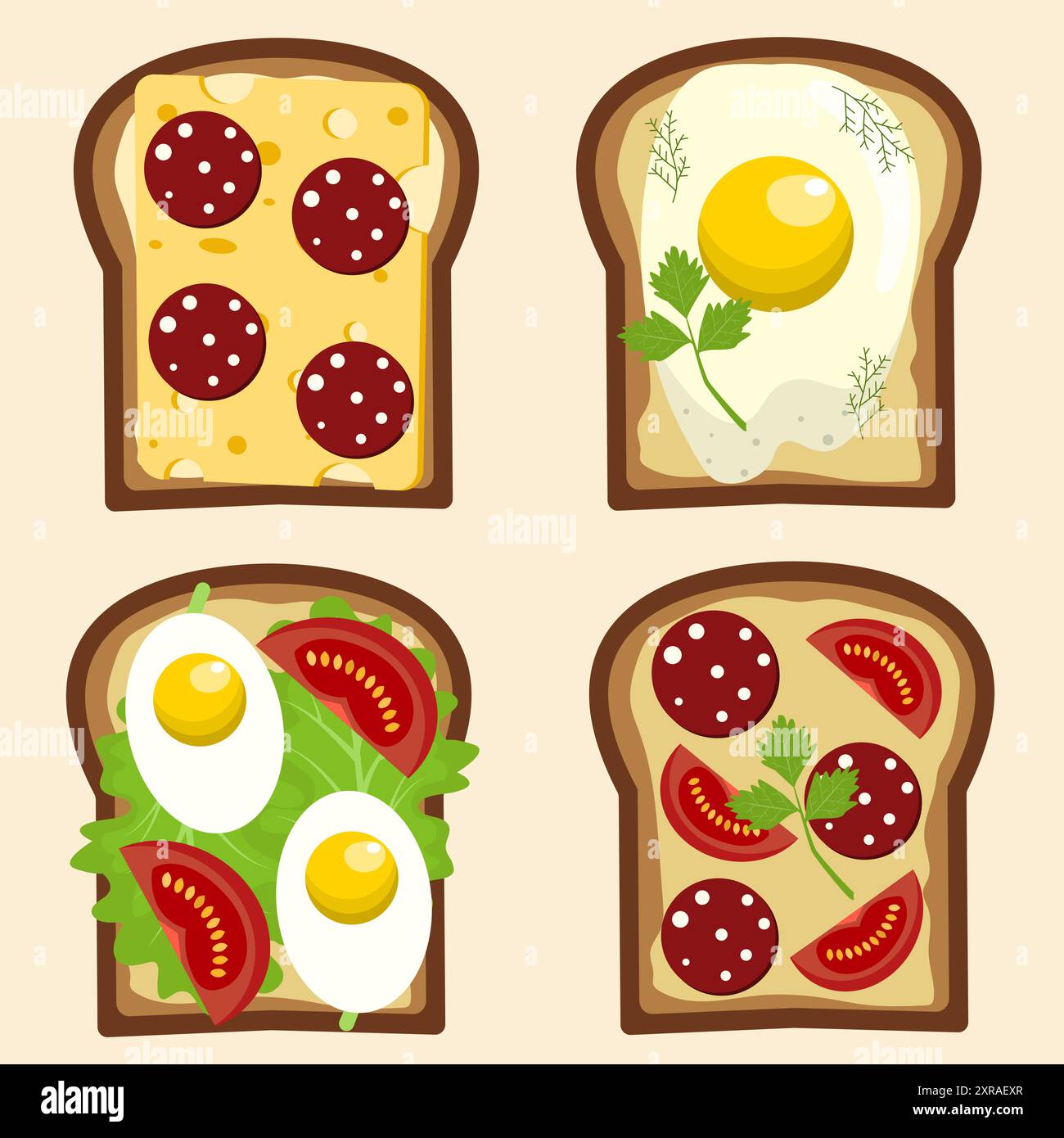 Set of breakfast toasts with sausage, tomato, cheese, fried egg ...