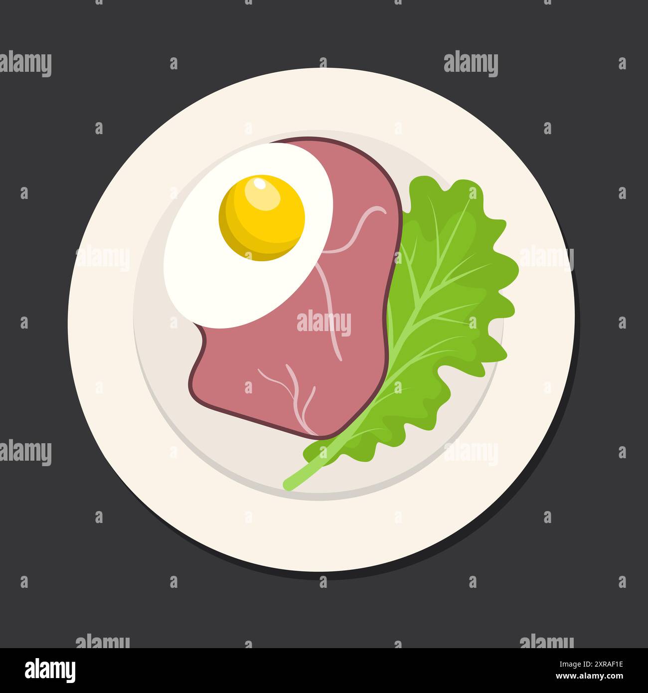 Simple fast breakfast with ham, egg and lettuce. Cartoon vector ...