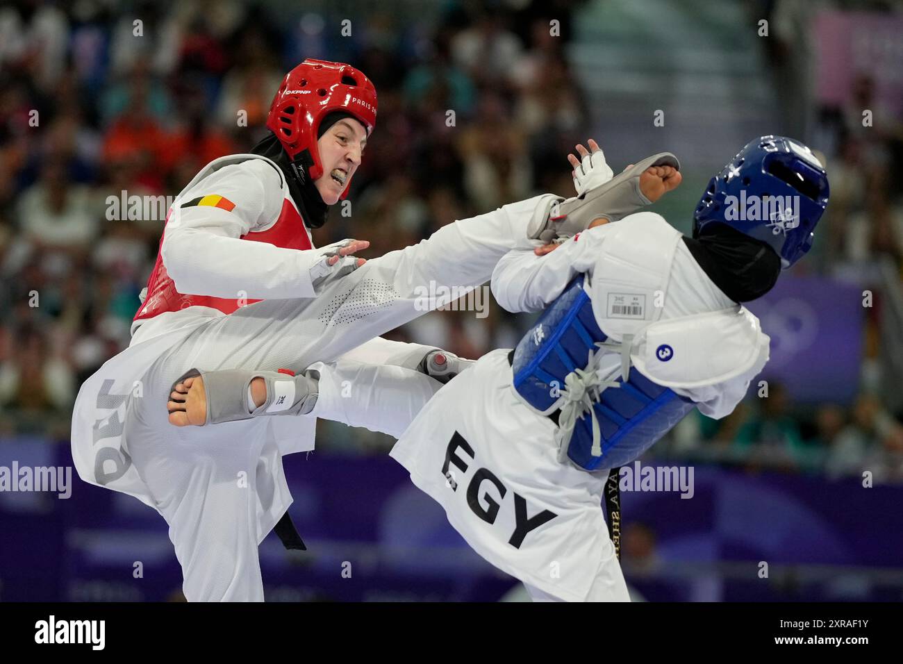 Egypt's Aya Shehata competes with Belgium's Sarah Chaari in a women's ...