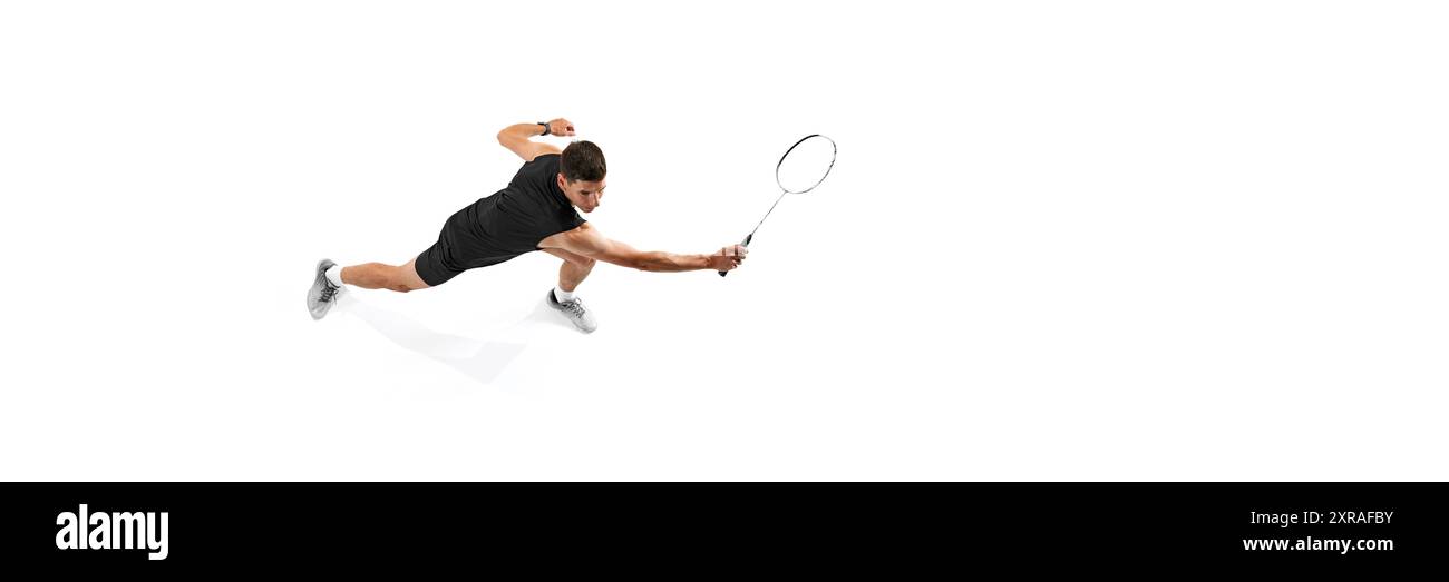 Top view of athletic young man, badminton player in motion training ...