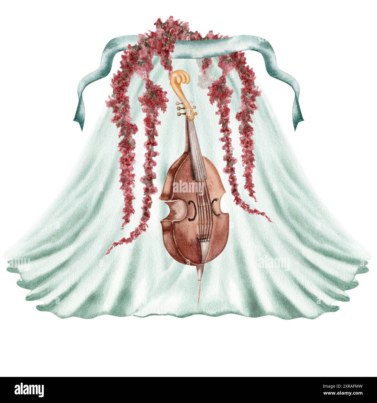 Double Bass music instrument. with decorative blue curtains with flower ...