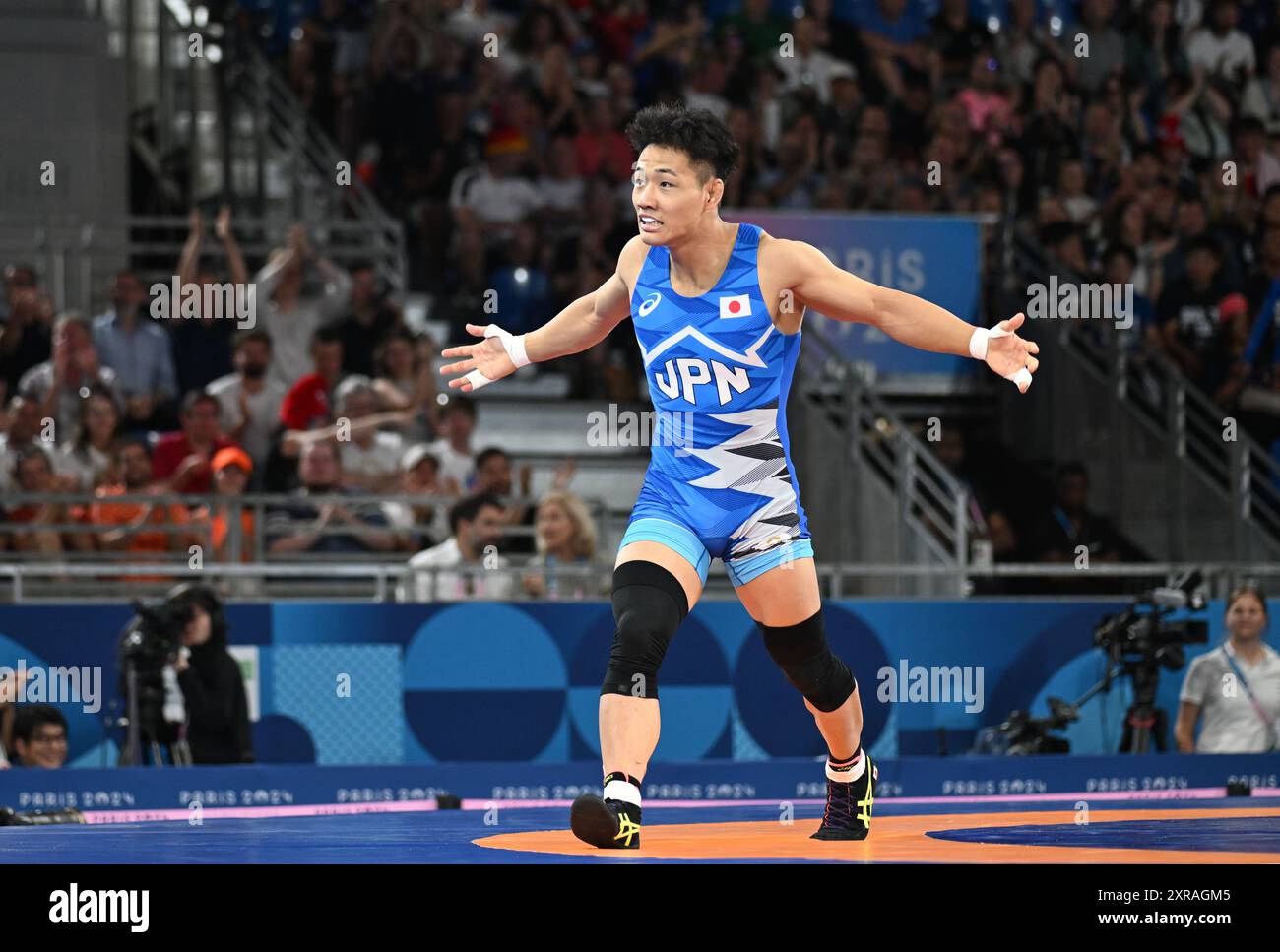 Paris, France. 9th Aug, 2024. Takatani Daichi of Japan reacts during the men's freestyle 74kg 1/ ...