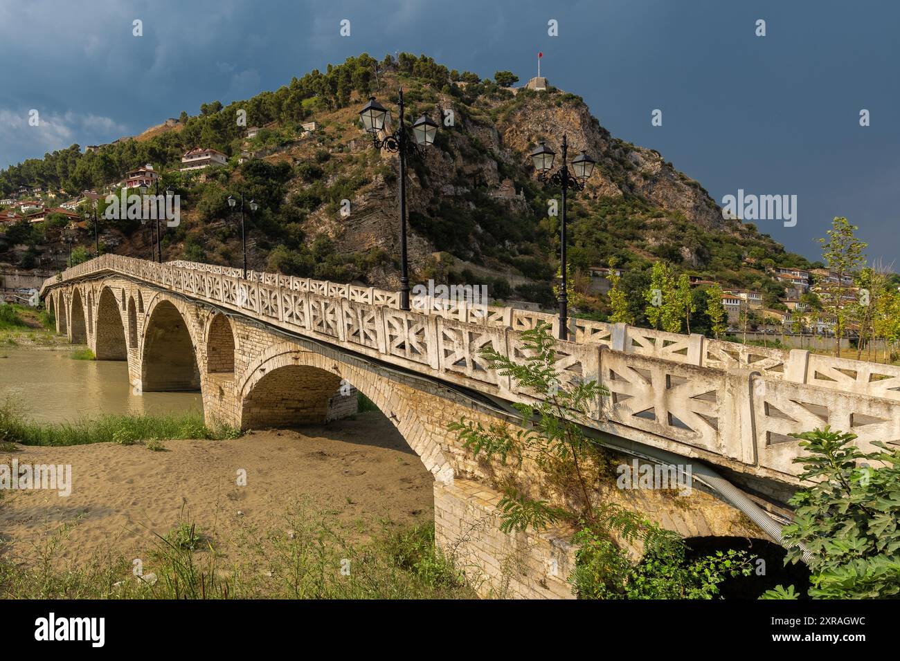 Gorica Bridge over the Osum river is a landmark in the city of Berat ...