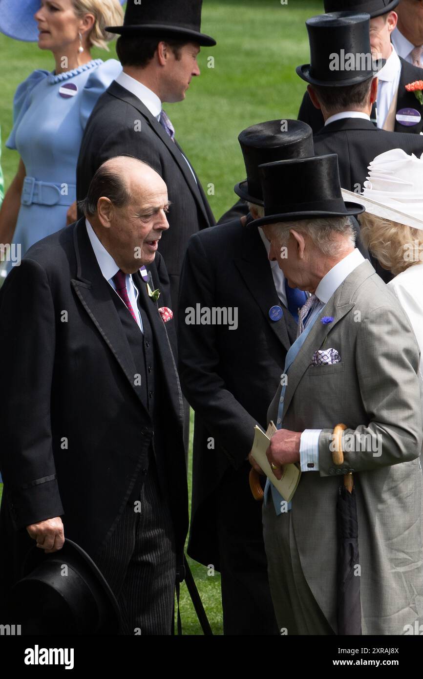 Ascot, UK. 20th June, 2024. Lord Soames of Fletching chats to the King ...