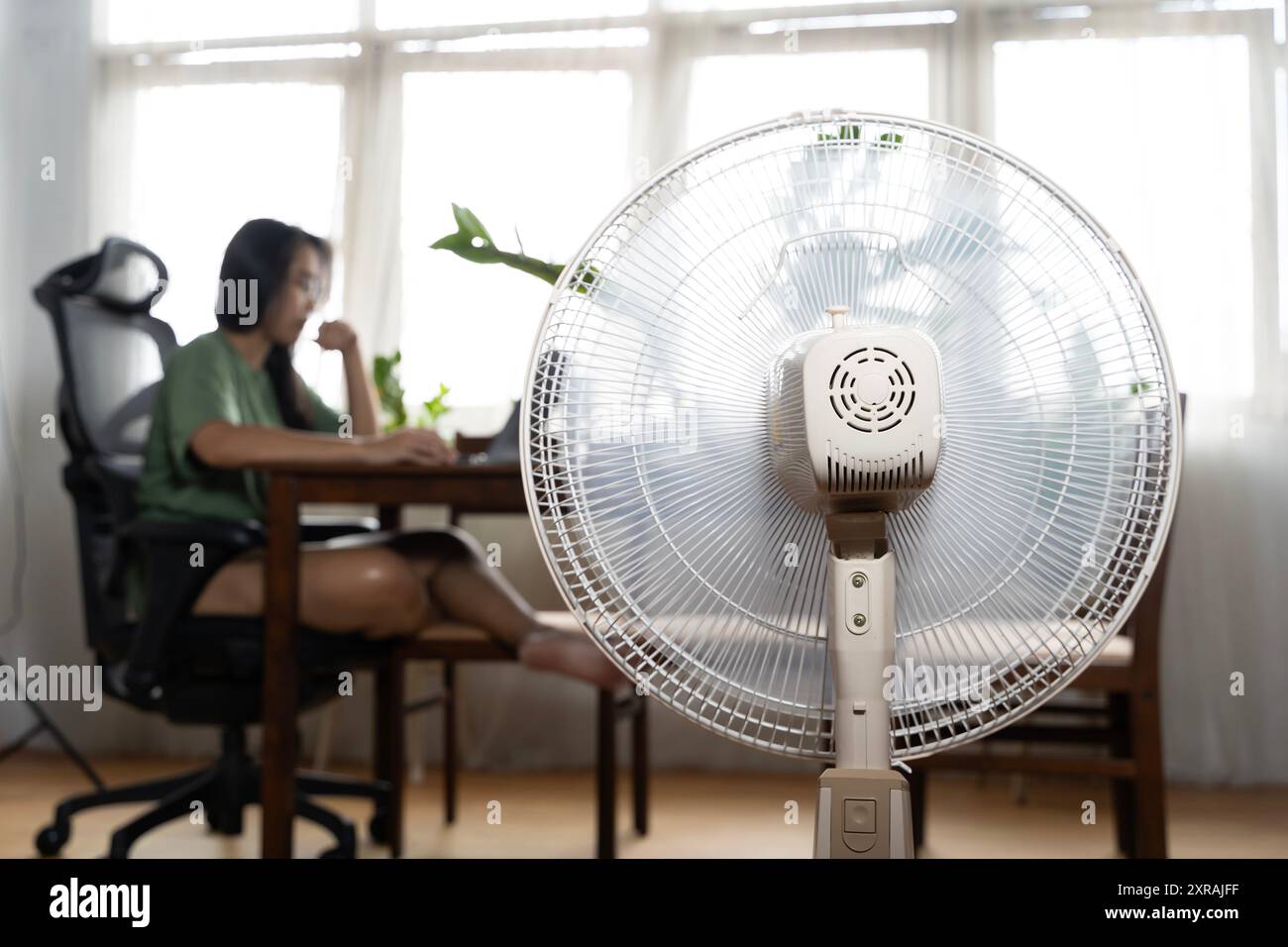 Sunny summer in front of the working fan, suffering from the summer ...