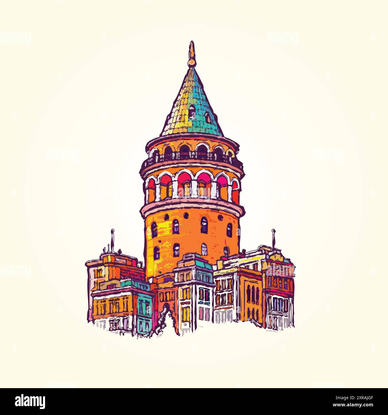 Galata Tower illustration made with vector crayon painting technique ...