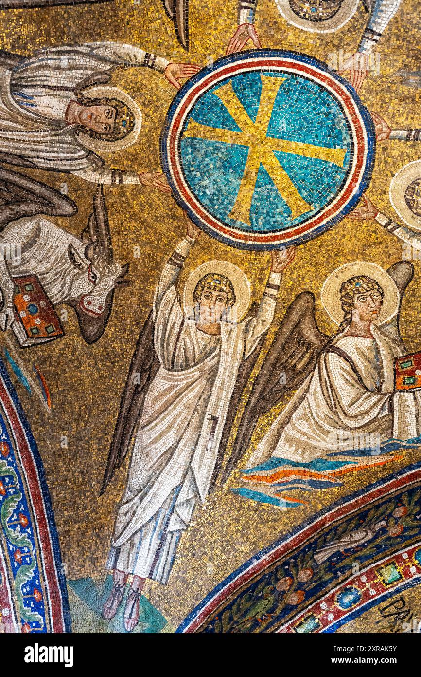 Religious mosaic decorating the ceiling of catholic Basilica in Ravenna ...