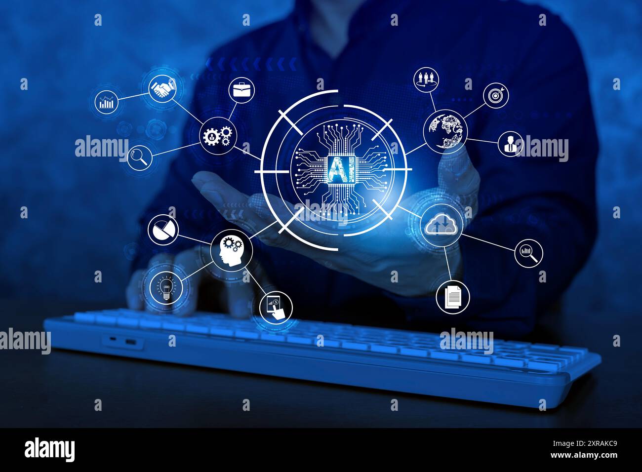Computer and hands close up. The concept of artificial intelligence and ...