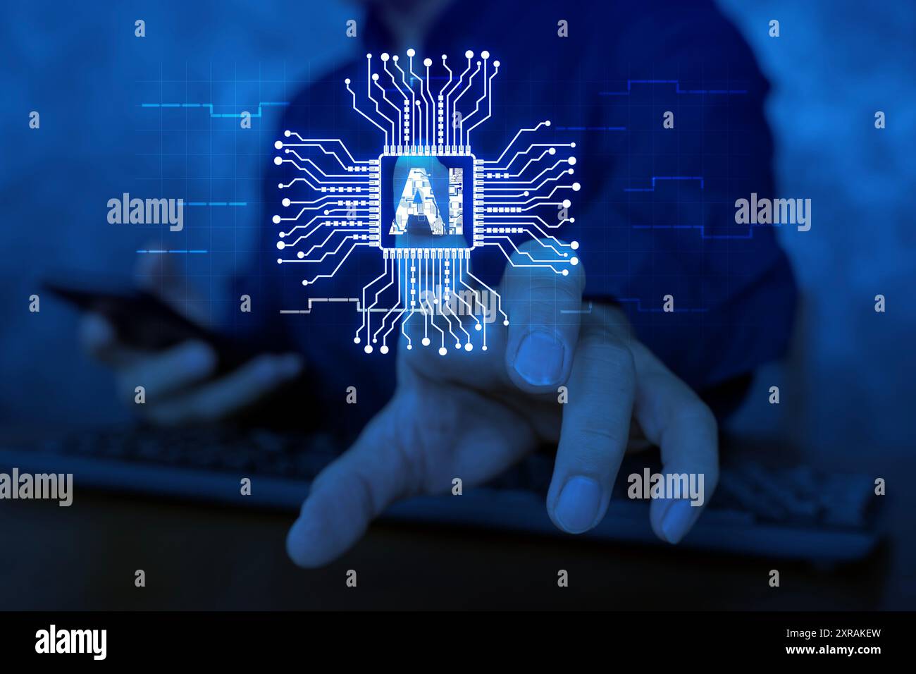 Man's fingers typing on laptop keyboard, AI hologram with chatbot and online communication ...