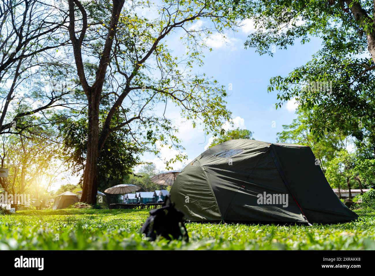 Camping picnic green tent campground in outdoor hiking forest. Camper ...