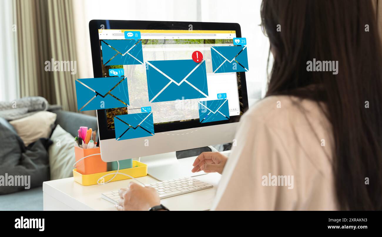 Email electronic communication graphic inbox on computer screen working on the internet. Email ...