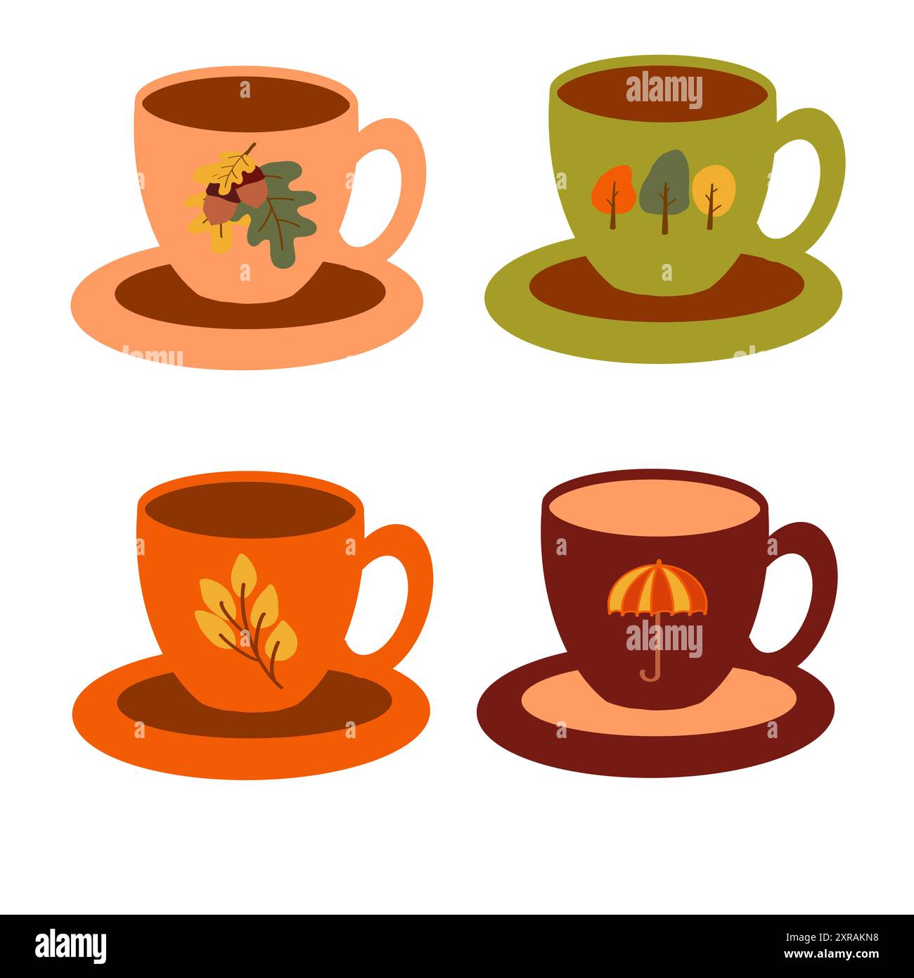 Colorful seasonal cups on saucers featuring different nature designs ...