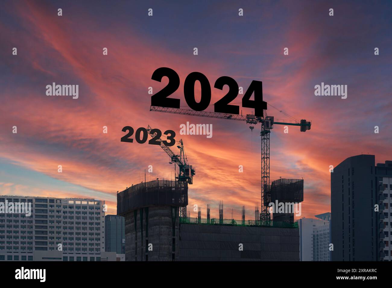 Happy New Year 2024 concept, Silhouette of engineer and construction to ...