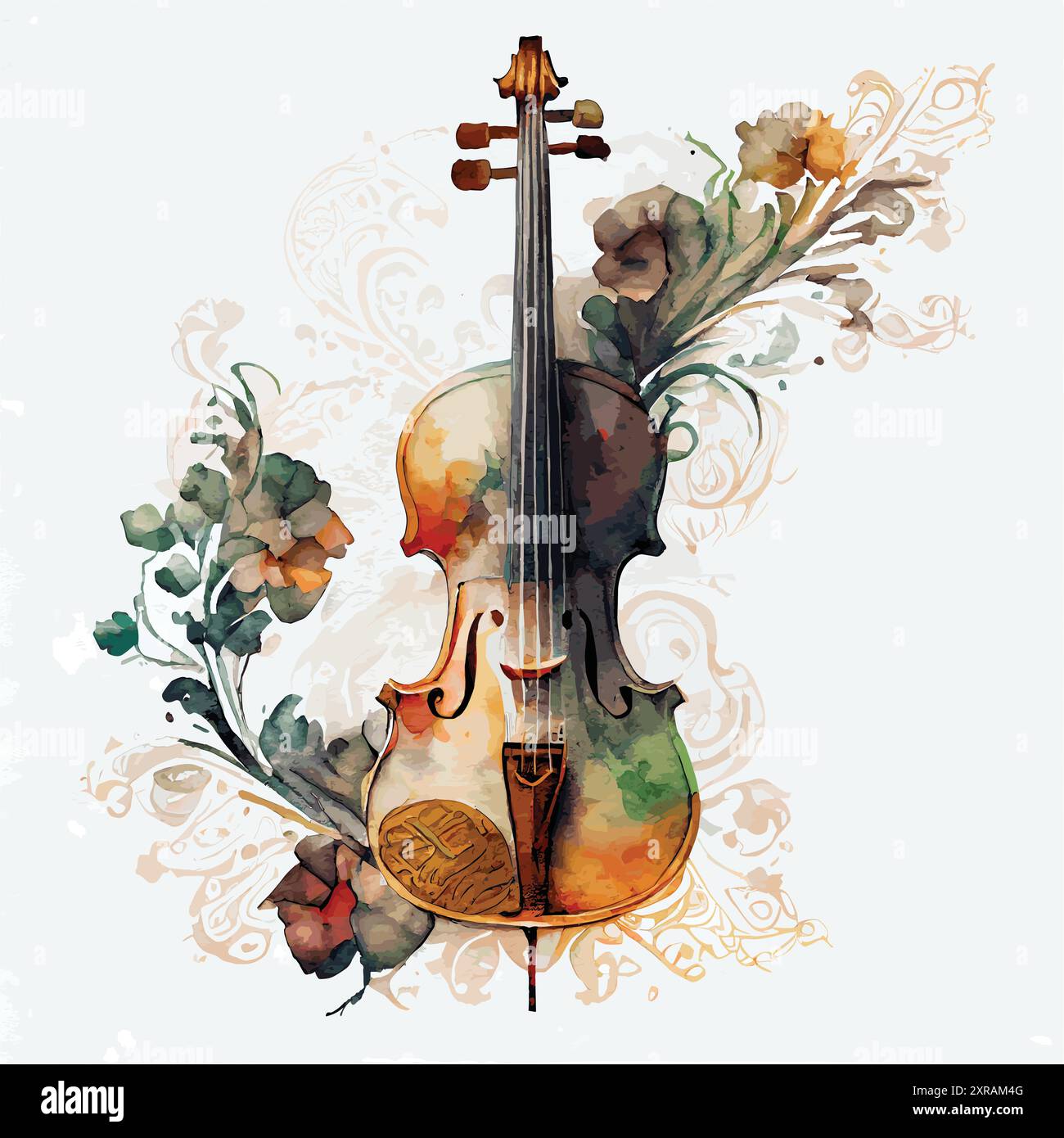 ornamental vector watercolor illustration of violin Stock Vector Image ...