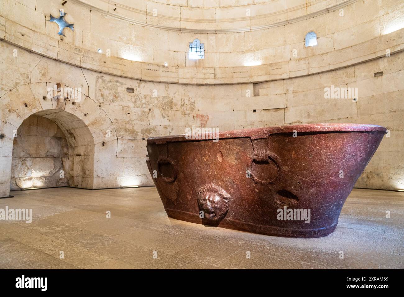 Ancient roman bath tube sculpted in red marble exhibited inside old ...