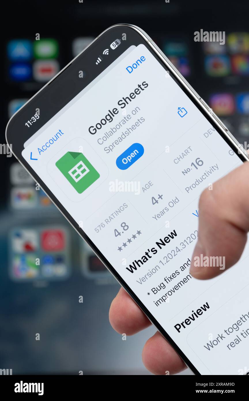 New York, USA - August 5, 2024: Smartphone in hand with Google sheets app on screen macro close ...