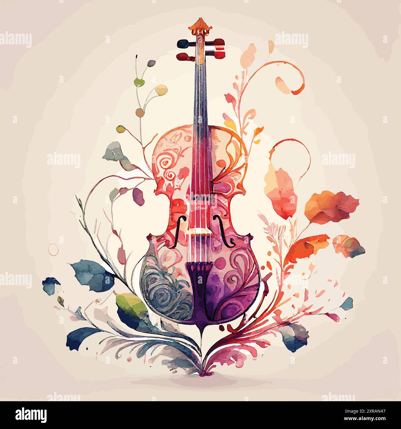 ornamental vector watercolor illustration of violin Stock Vector Image ...