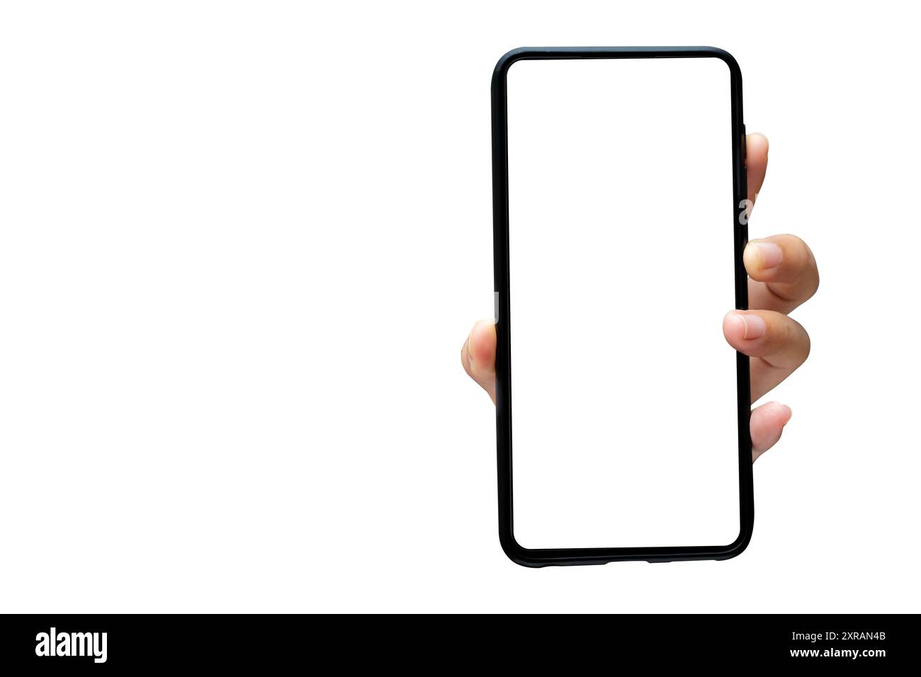 Young female hand holding bezel-less smartphone white screen isolated ...