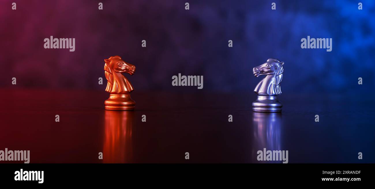 Chess pieces knights facing each other for a standoff. Chess knights ...