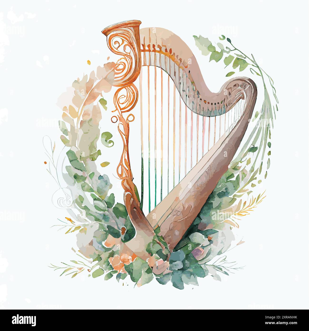 ornamental vector watercolor illustration of harp Stock Vector Image ...