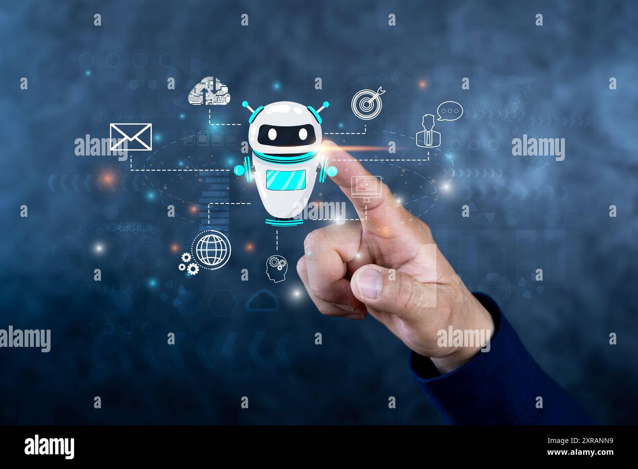 Hand touch Digital chatbot to access information and data in the online network. Robot ...