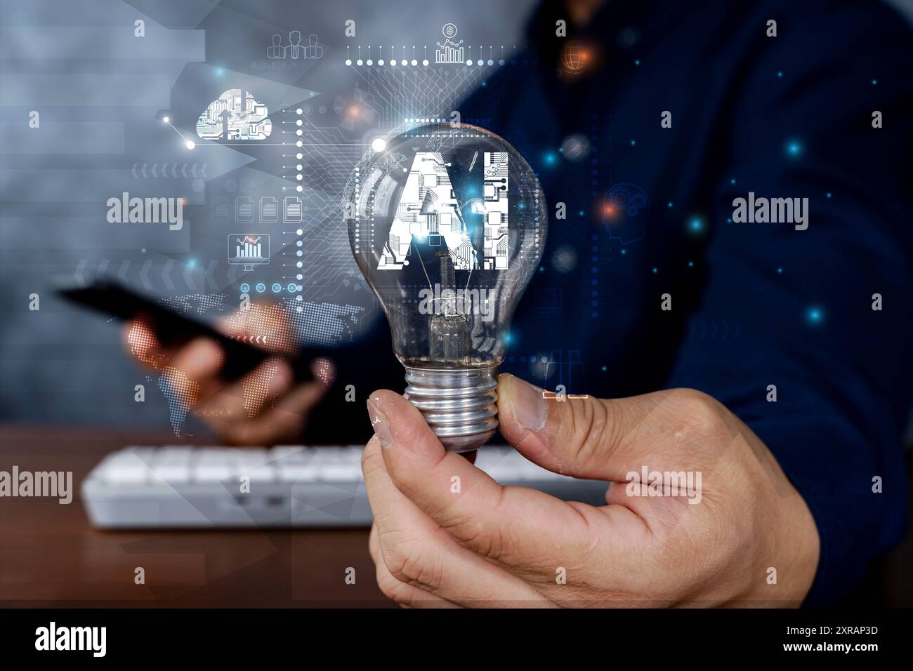 Businessman touching the brain working of Artificial Intelligence (AI) Automation, Predictive ...