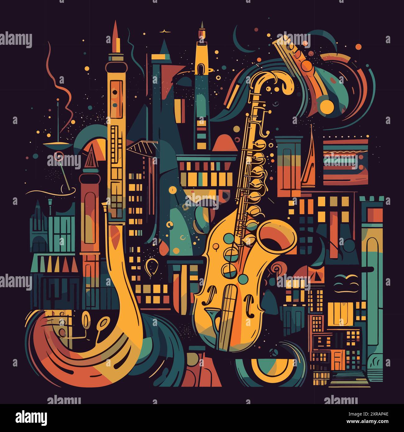 Colorful, abstract, vector illustration of jazz instruments coming ...
