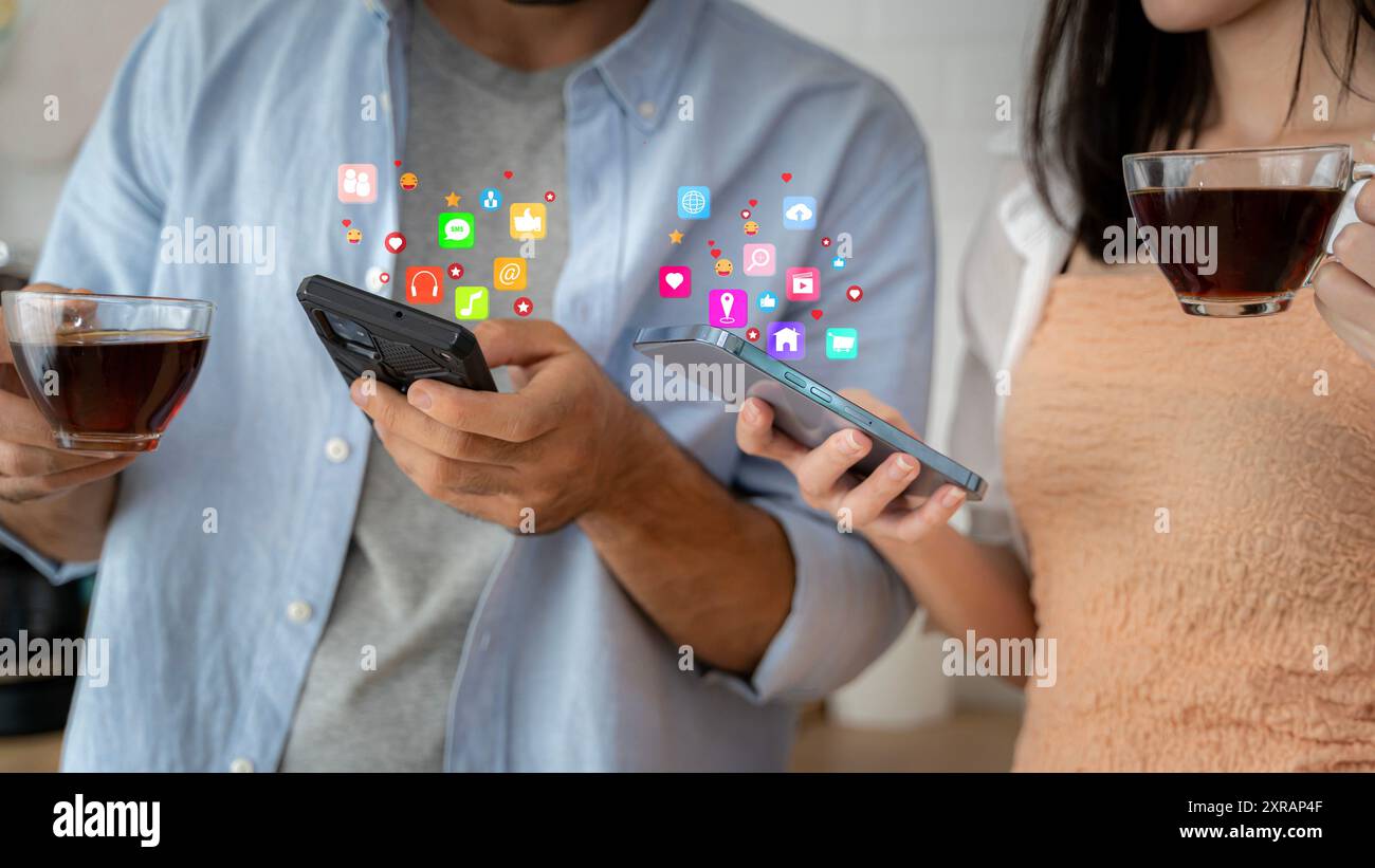 Dating in internet and online chat concept. Human hands holding ...
