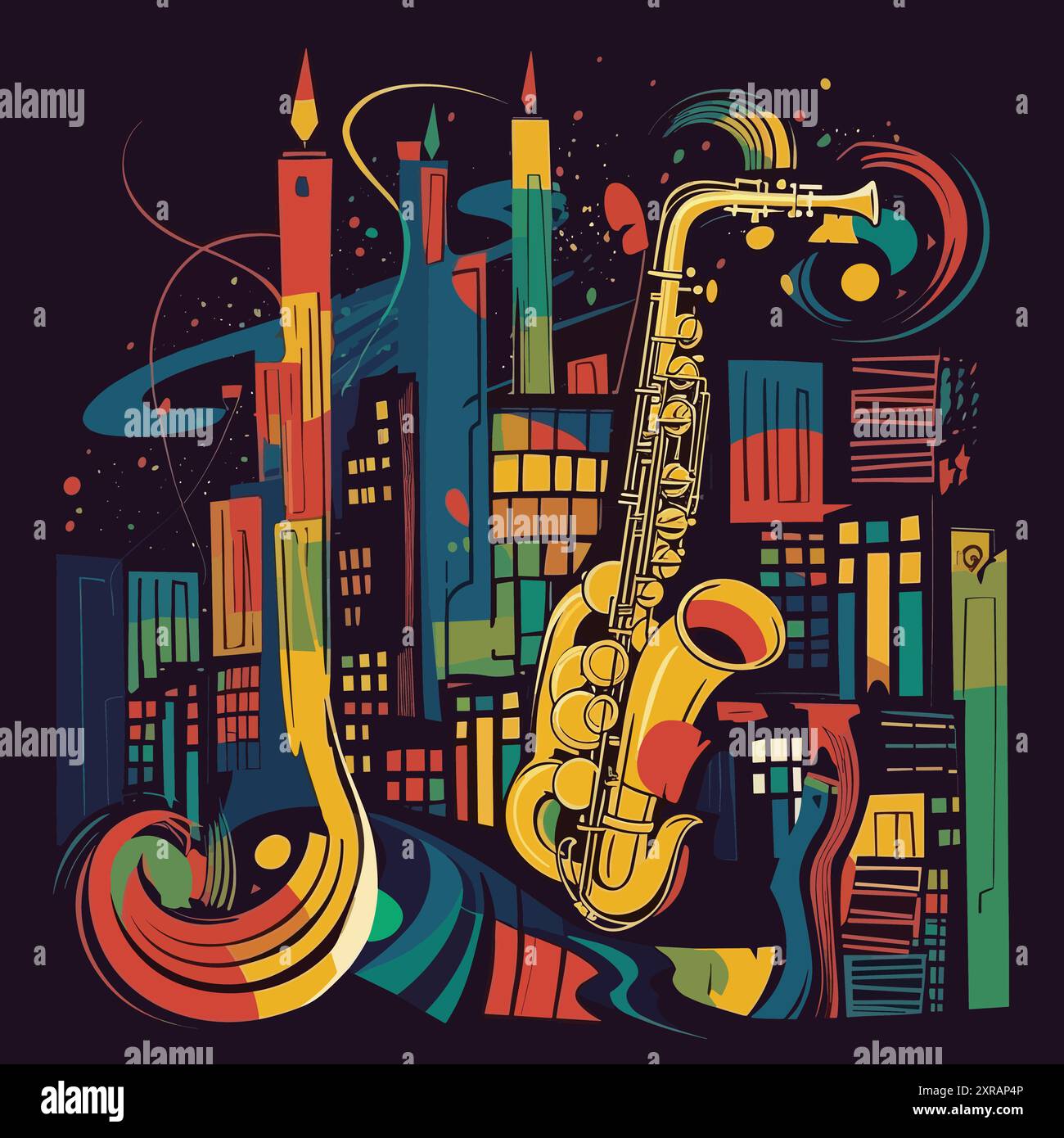 Colorful, abstract, vector illustration of jazz instruments coming ...