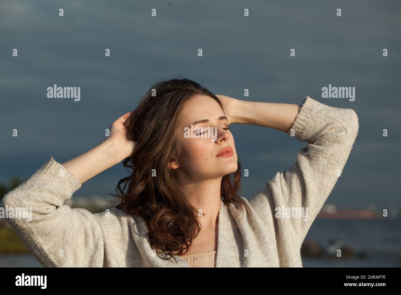 Glorious young lady brunette model on sea beach. Beauty woman with ...