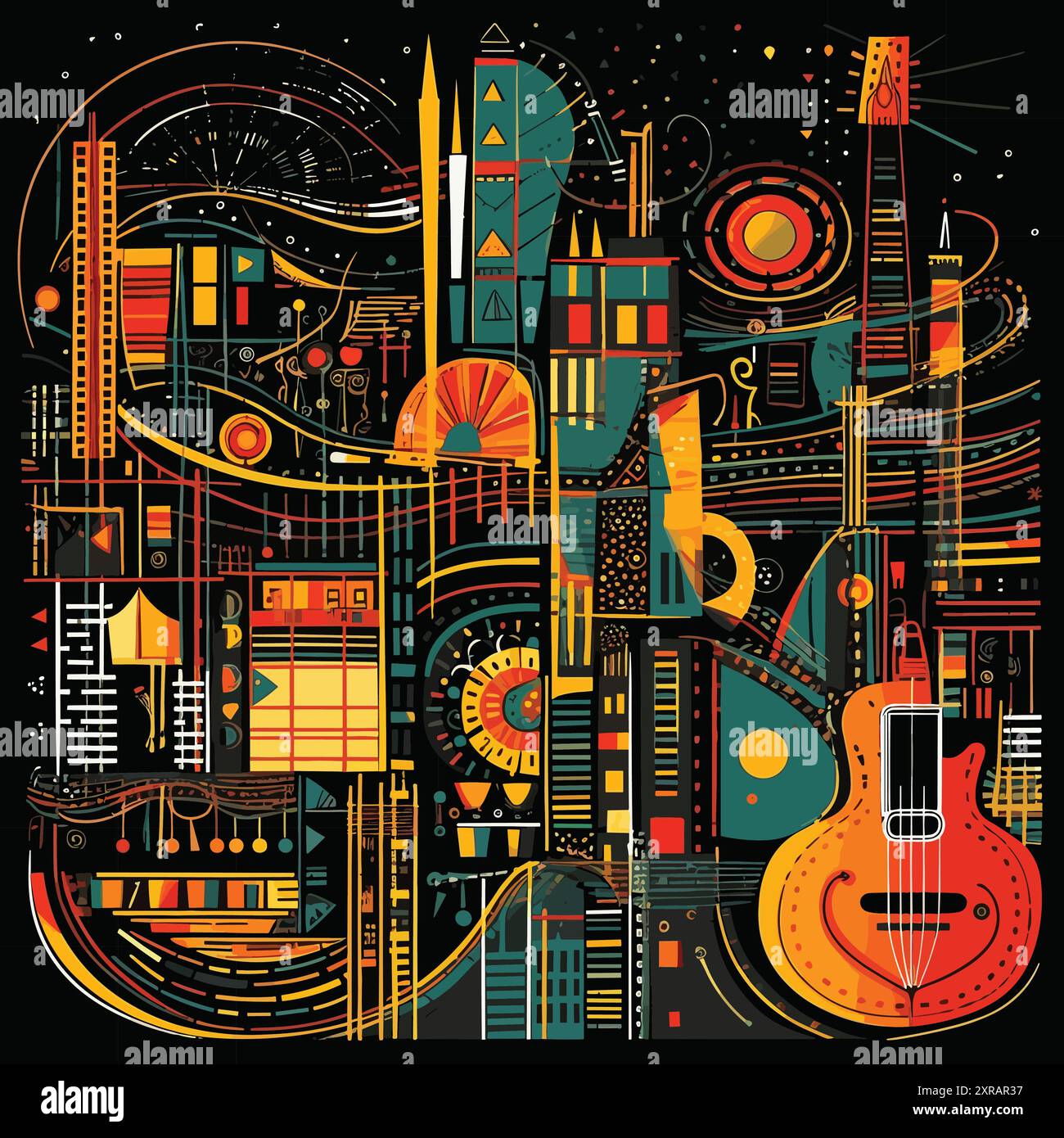 Colorful, abstract, vector illustration of jazz instruments coming ...