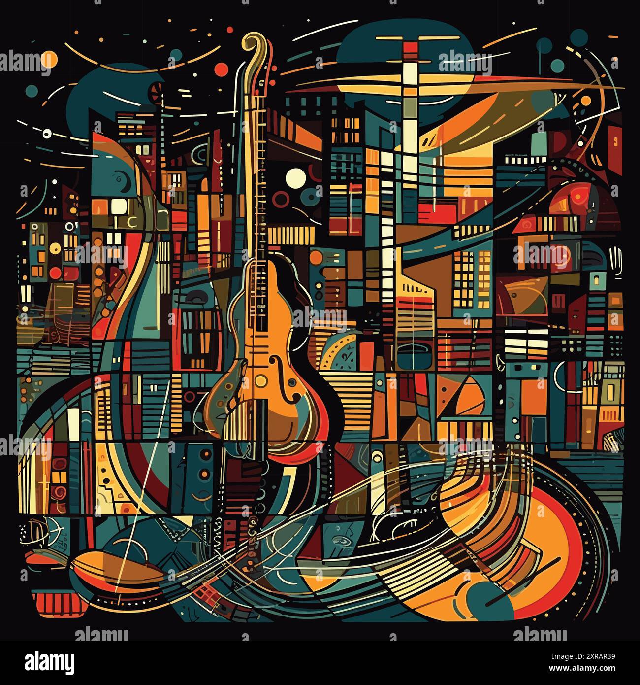 Colorful, abstract, vector illustration of jazz instruments coming ...