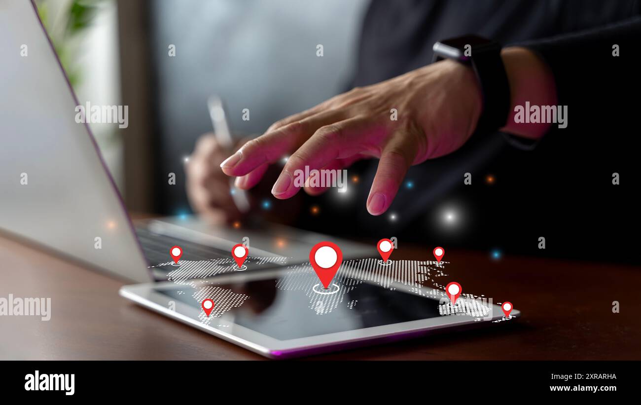 Location of gps navigation. GPS map, world map location pin on digital tablet. Find the target ...