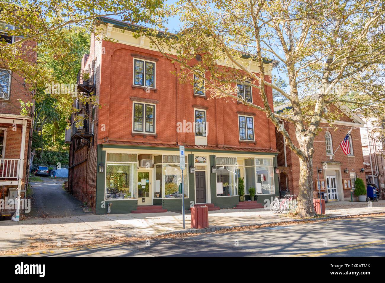 Traditional American brick buildings with shops on ground floor along a ...