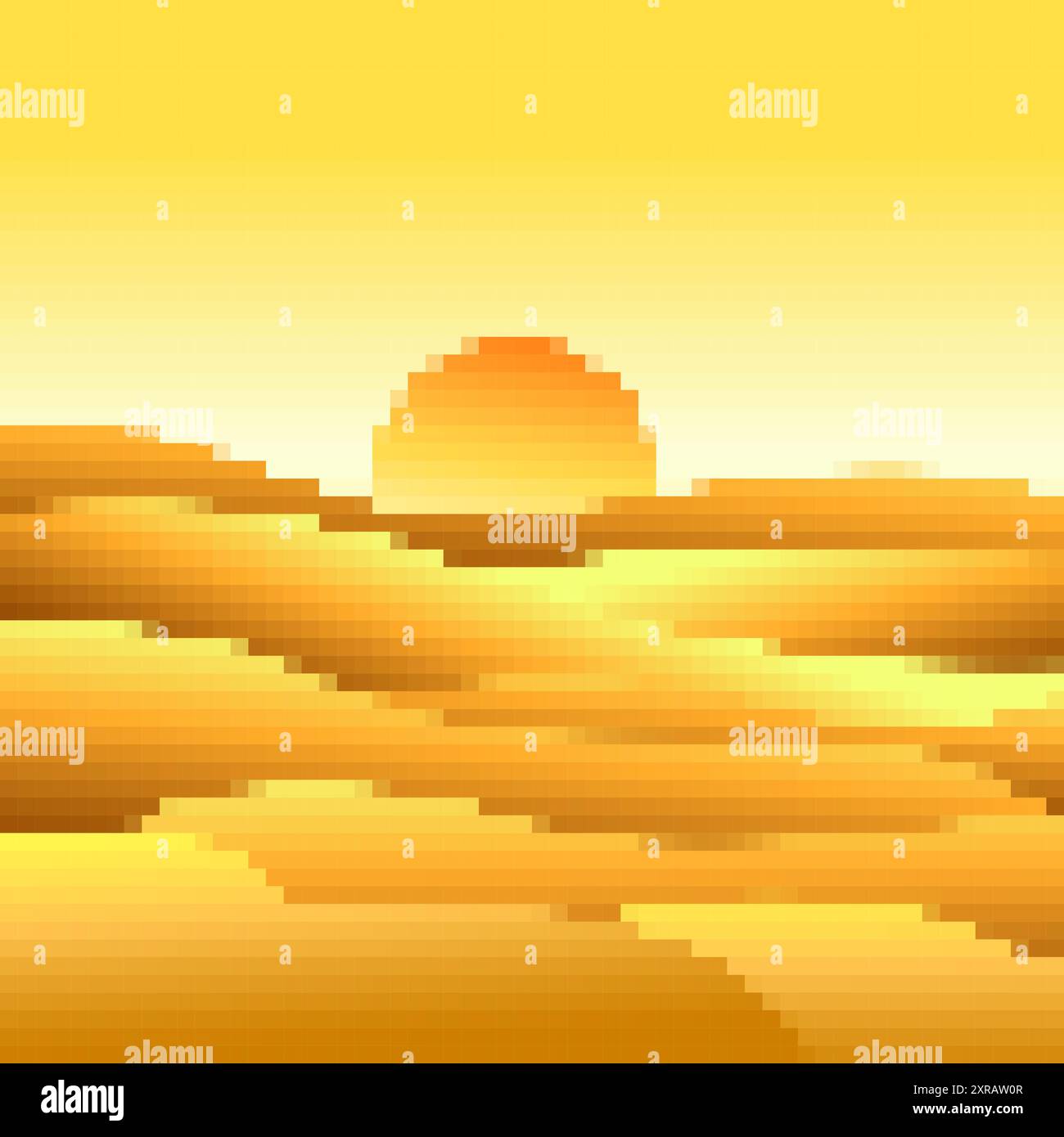 Desert landscape in pixel art style. Sun over sand dunes in the style ...