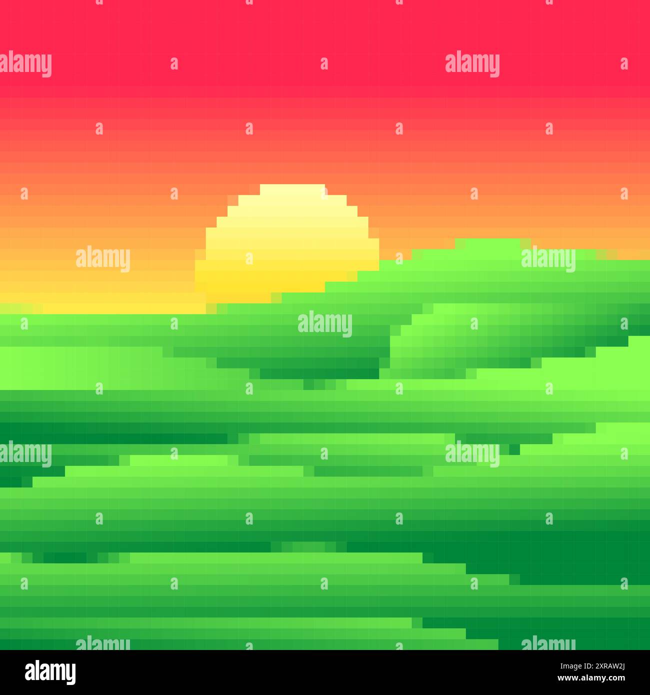 Green meadows at dawn in pixel art style. Rising sun on green fields in ...