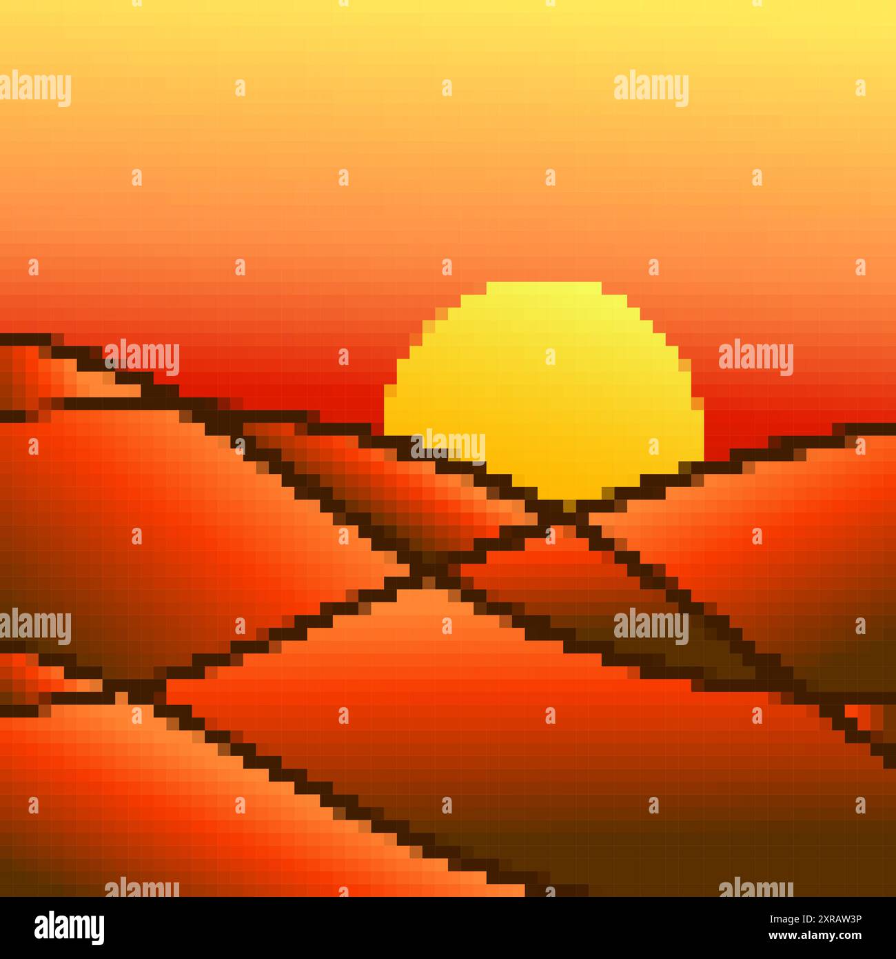 Desert landscape in pixel art style. Sun over sand dunes in the style ...