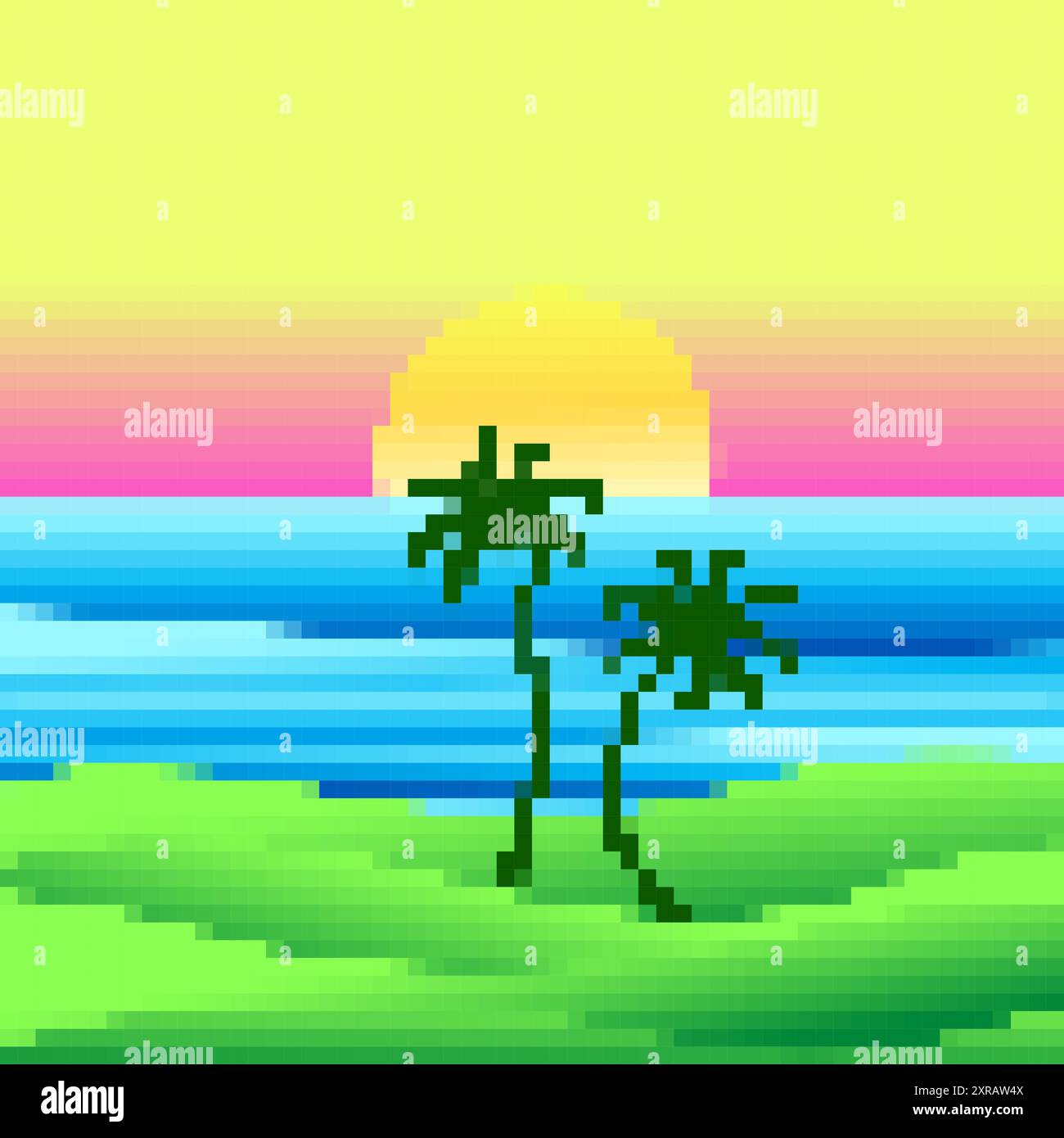 Landscape with green meadows sea and sunset in pixel art style. Rising ...