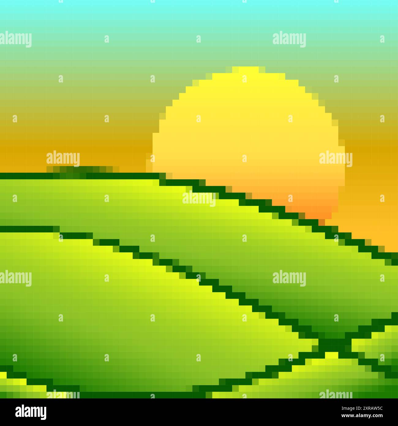 Green meadows at dawn in pixel art style. Rising sun on green fields in ...