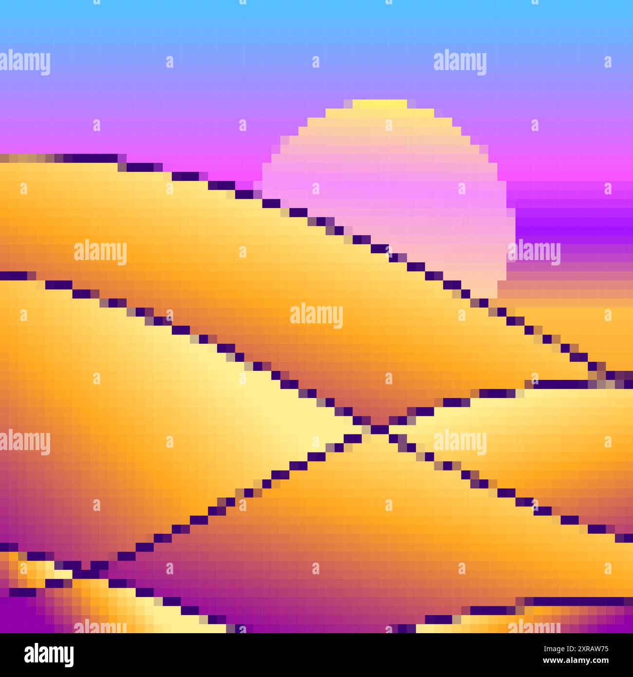 Desert landscape in pixel art style. Sun over sand dunes in the style ...