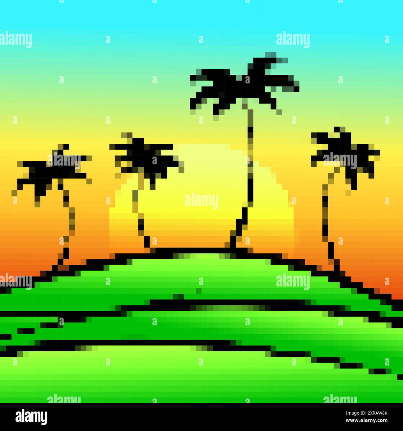 Tropical sunset with palm trees and green fields in pixel art style ...